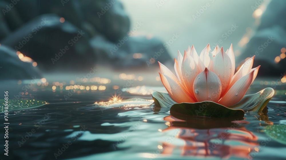 A serene image of a Zen lotus flower floating gracefully on calm water ...