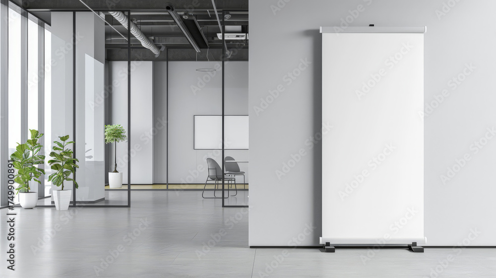 empty mockup white roll up screen banner in office, empty white banner ...