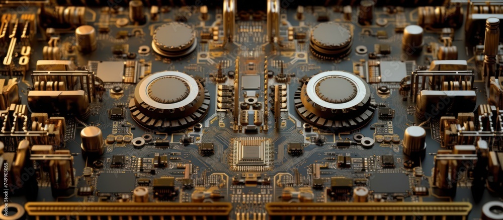 computer circuits and old machines cogs with old technology and new ...