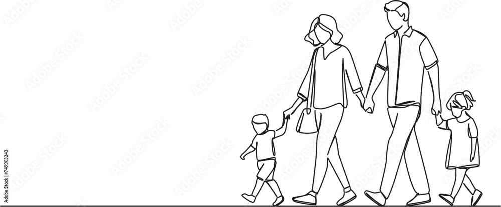 continuous single line drawing of parents with their two kids walking ...