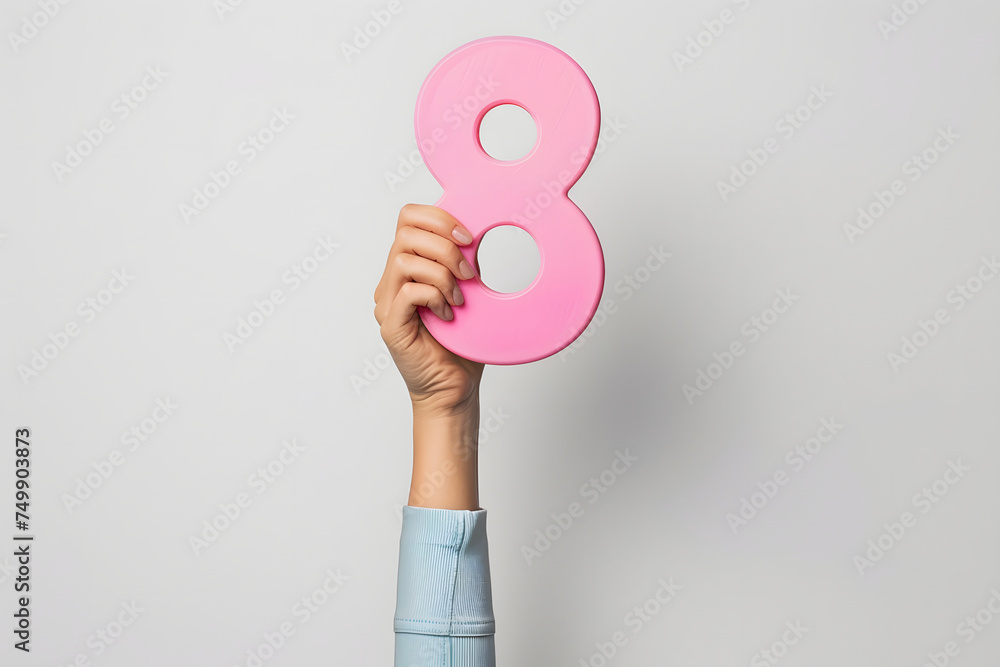Beautiful woman's hand holding up the number eight on white background ...