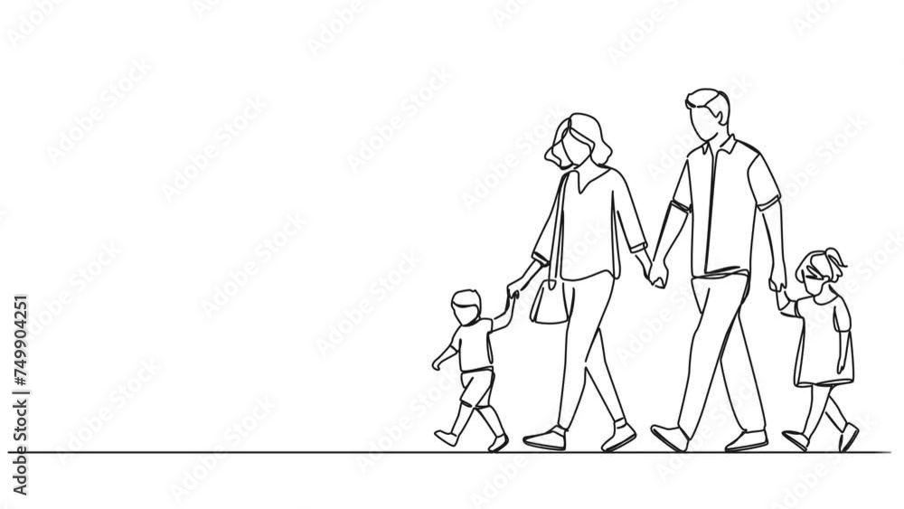 animated continuous single line drawing of parents with their two kids ...