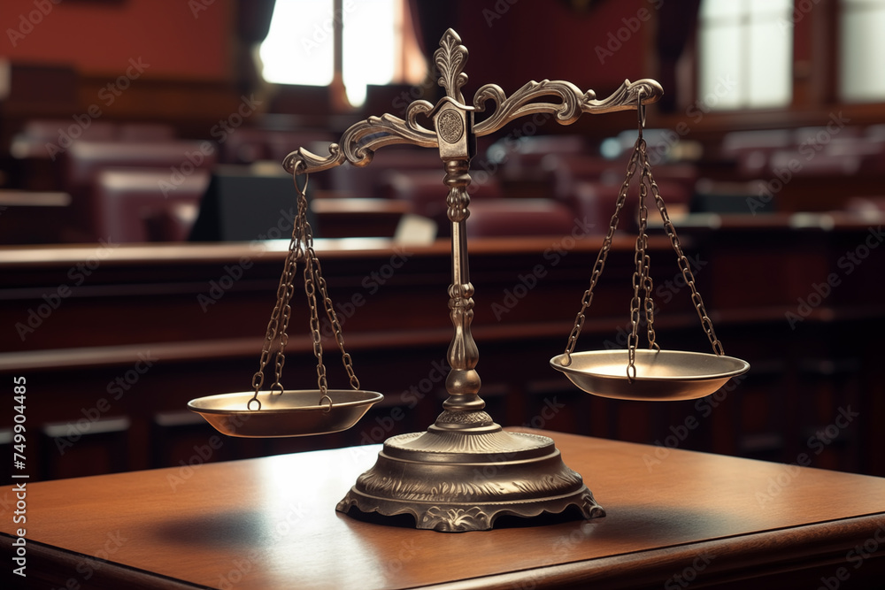 Judicial scales in court. Justice in courthouse on law theme and human ...