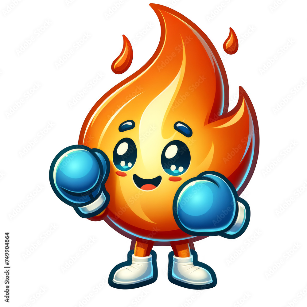 Boxer emoji. Cartoon flame mascot wearing blue boxing gloves. Concept ...