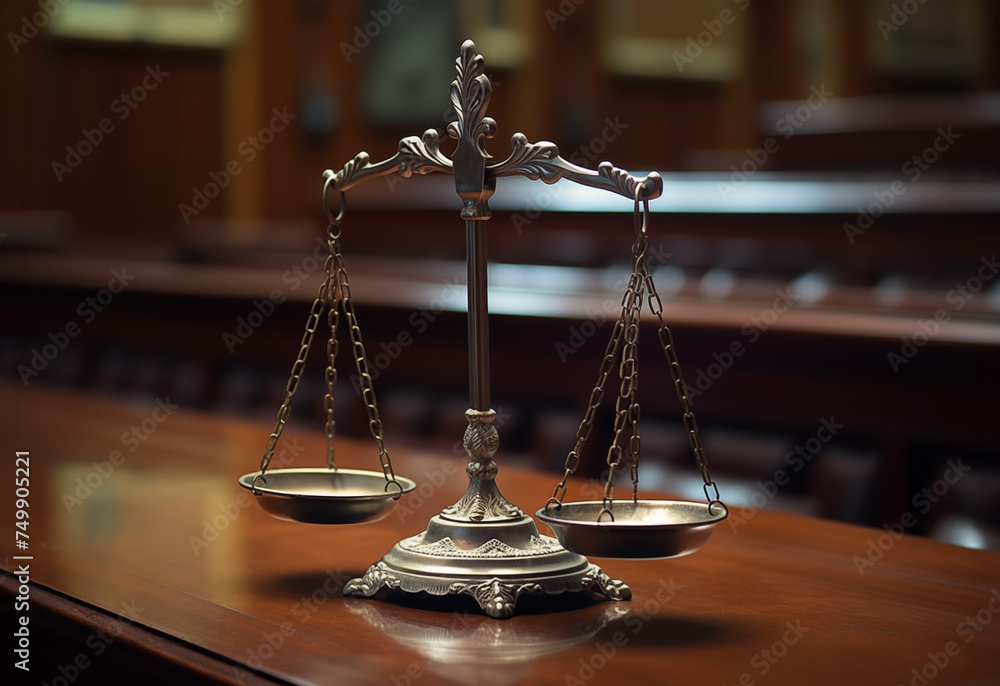 Judicial scales in court. Justice in courthouse on law theme and human ...