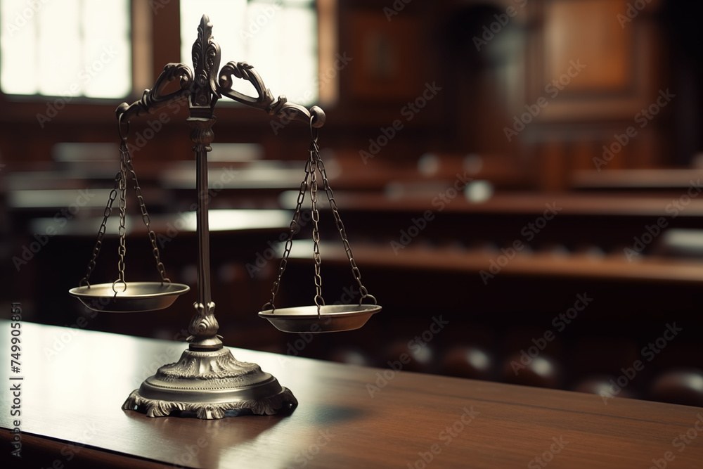 Judicial scales in court. Justice in courthouse on law theme and human ...