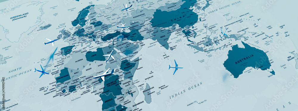 Transcontinental Air Traffic Over a Monochrome World Map Highlighting ...
