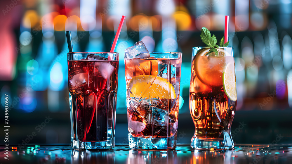 Assorted Refreshing Cocktails on the Bar Counter . Three colorful ...