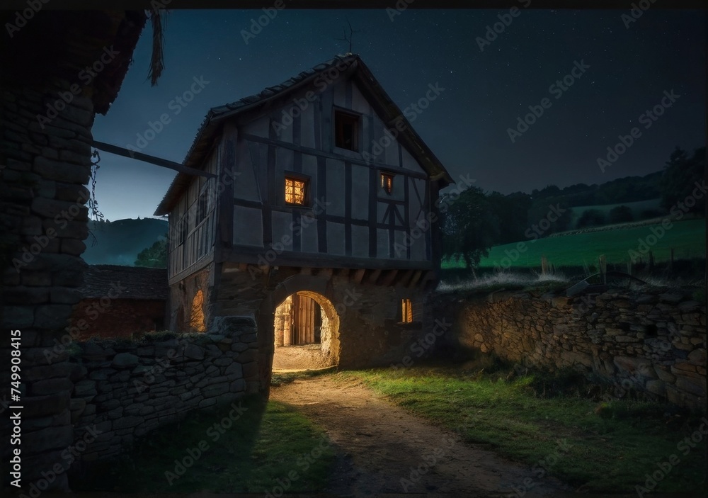 A medieval farm with a door and windows. Fantasy medieval background ...