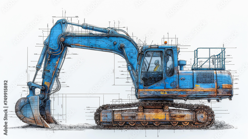Blueprint Aesthetic- A blueprint-style drawing of a backhoe loader ...