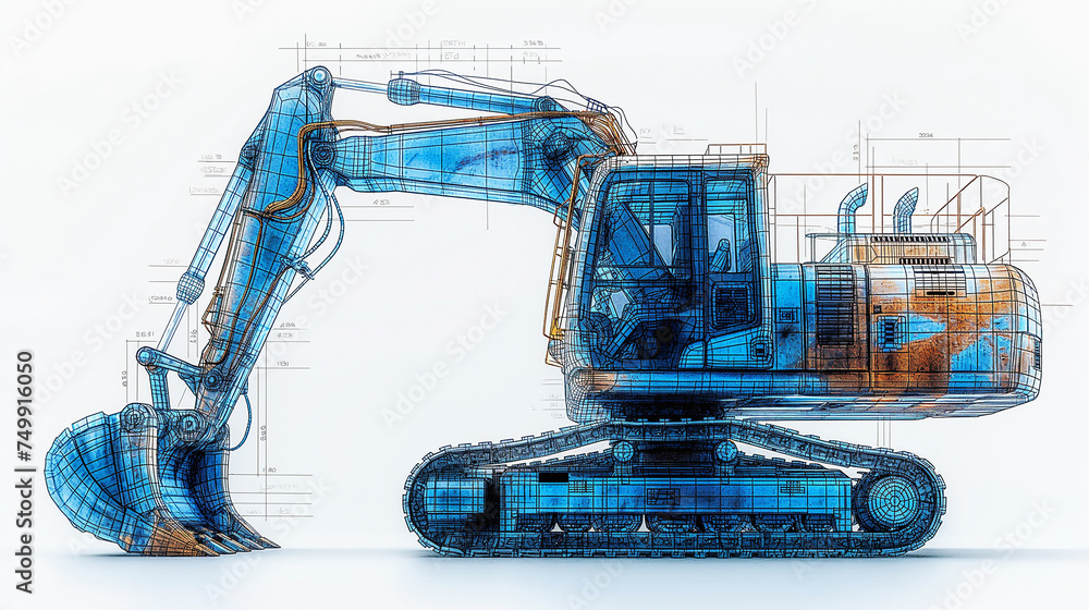 Blueprint Aesthetic- A blueprint-style drawing of a backhoe loader ...