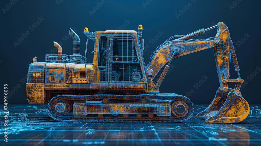 Blueprint Aesthetic- A blueprint-style drawing of a backhoe loader ...