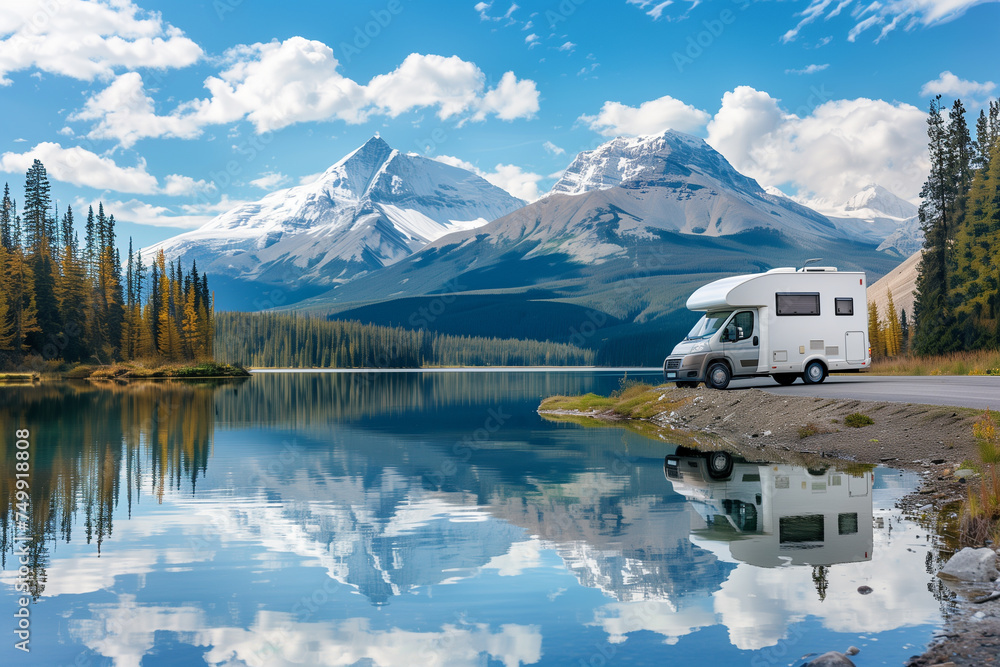 Beautiful nature landscape and campervan. Motorhome, road trip, travel ...