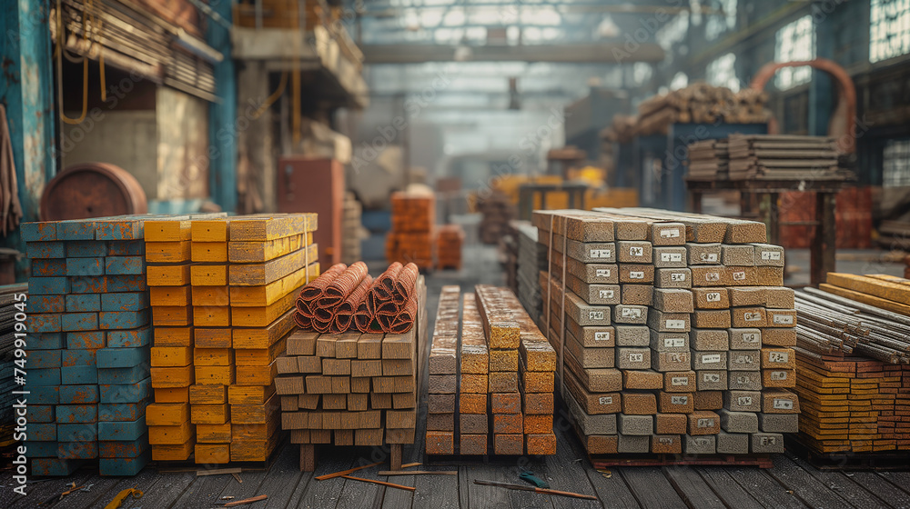 Raw Materials Piles of steel beams, coils of wire, textiles, wood, and ...