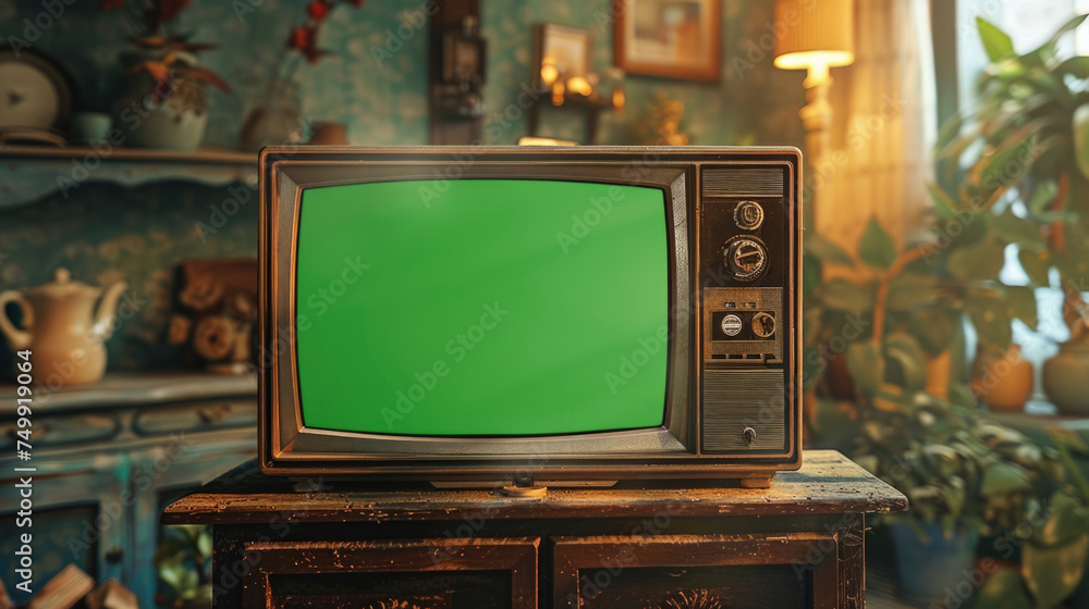 Old retro box tv with green screen mock up on table. Vintage television ...