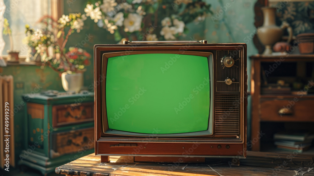 Old retro box tv with green screen mock up on table. Vintage television ...