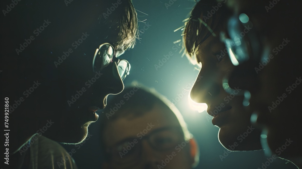 Intimate moment between young couple with soft backlight, close-up on ...