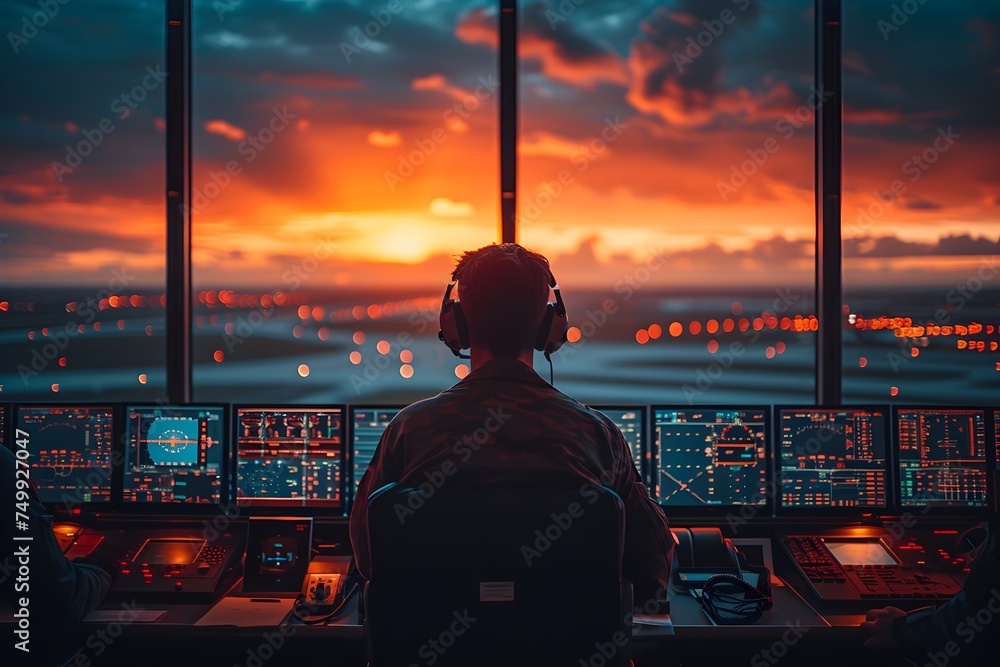 Air traffic controller working in the control tower of an airport Stock ...