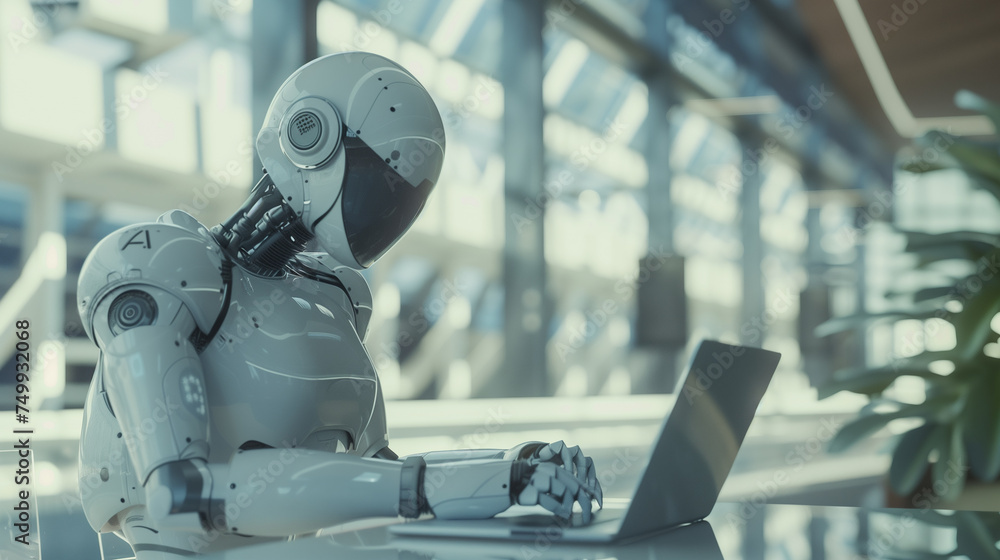 3d illustration Robot humanoid use laptop and sit at table in future ...