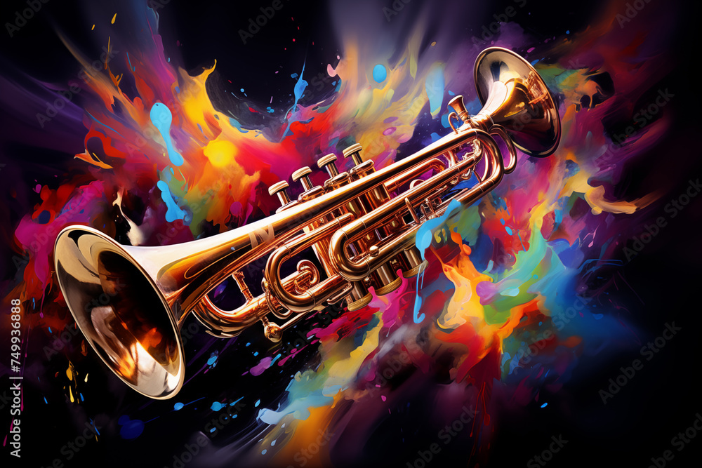 Digital art of a trumpet with dynamic paint splashes symbolizing ...
