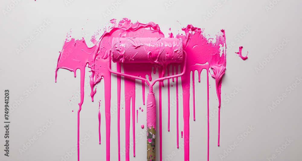 full view of a paint roller coated in dripping colorful paint against a ...