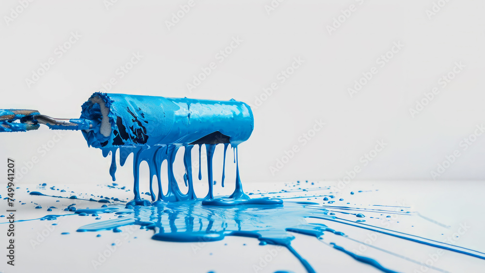 full view of a paint roller coated in dripping blue paint against a ...
