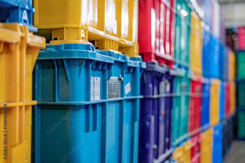 Organized Warehouse Storage: Stacked Colorful Plastic Containers for ...