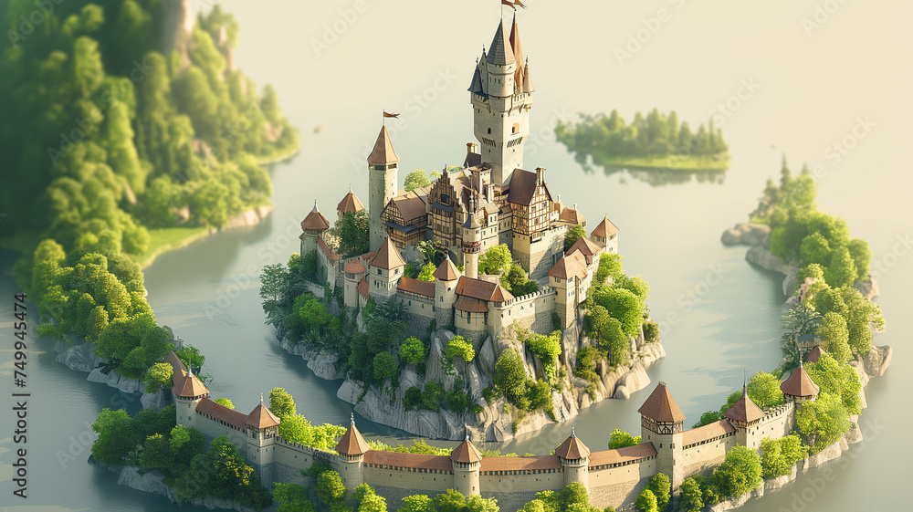 a Castle surrounded by water with land in the background, in a ...