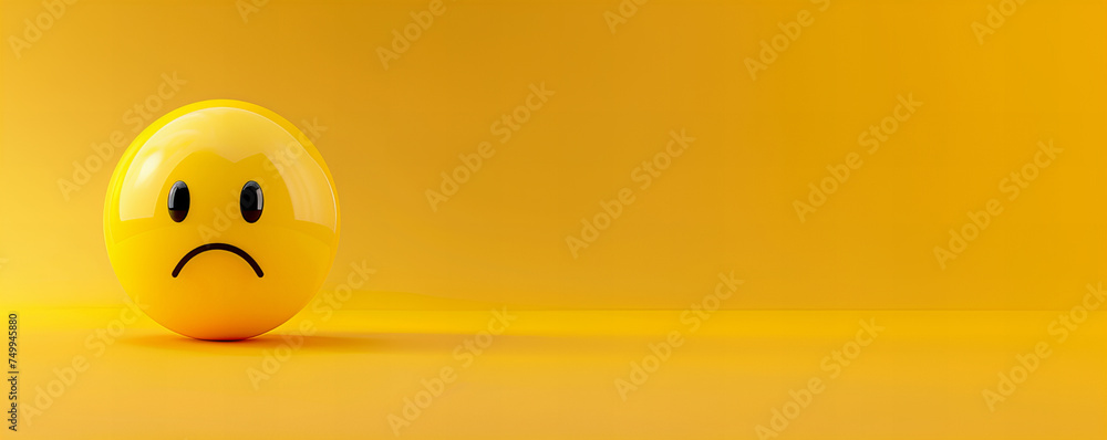 Sad face emoji on a yellow background. Business concept banner with ...