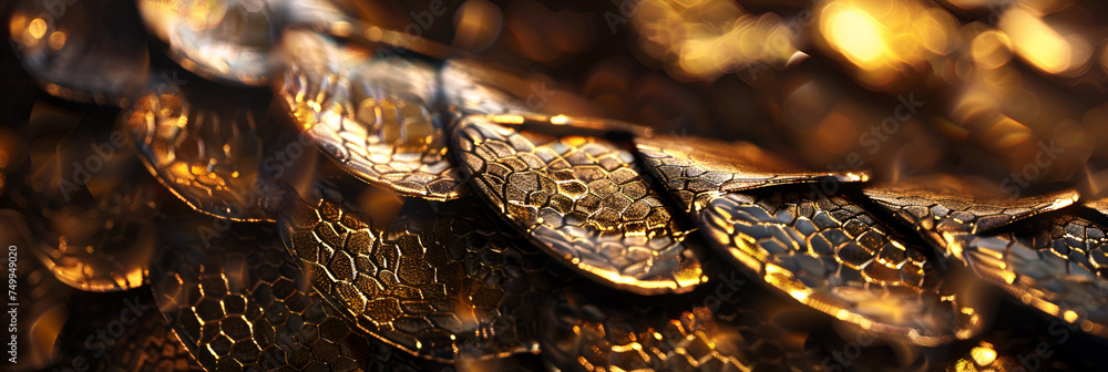 Background with golden metallic scales of a reptilian dragon. Detailed ...