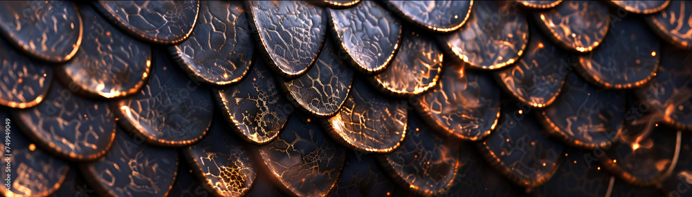 Background with black golden metallic scales of a reptilian dragon ...
