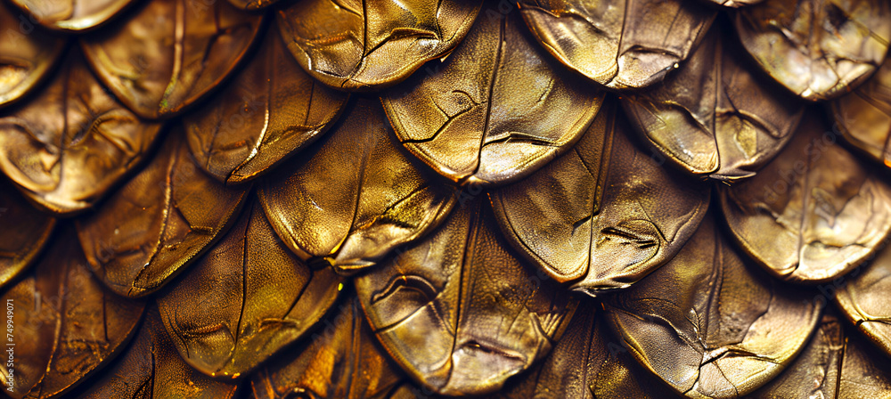 Background with golden metallic scales of a reptilian dragon. Detailed ...
