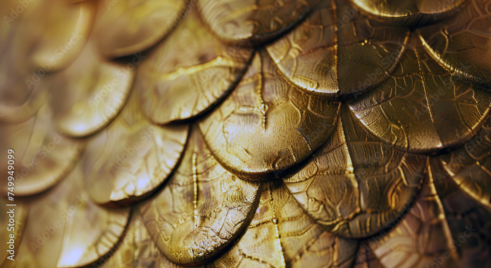 Background with golden metallic scales of a reptilian dragon. Detailed ...