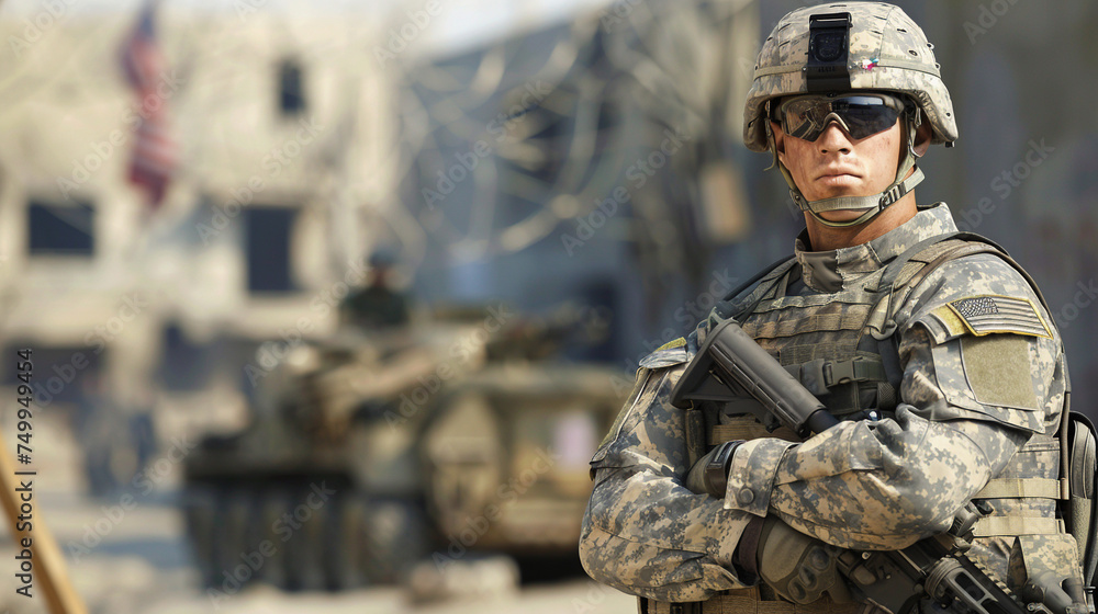 3D render of an American soldier in full gear standing watch at a ...