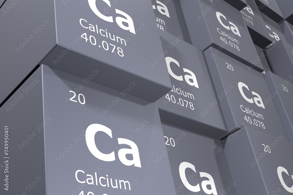 Calcium, 3D rendering background of cubes of symbols of the elements of ...