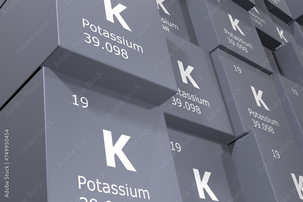 Potassium, 3D rendering background of cubes of symbols of the elements ...