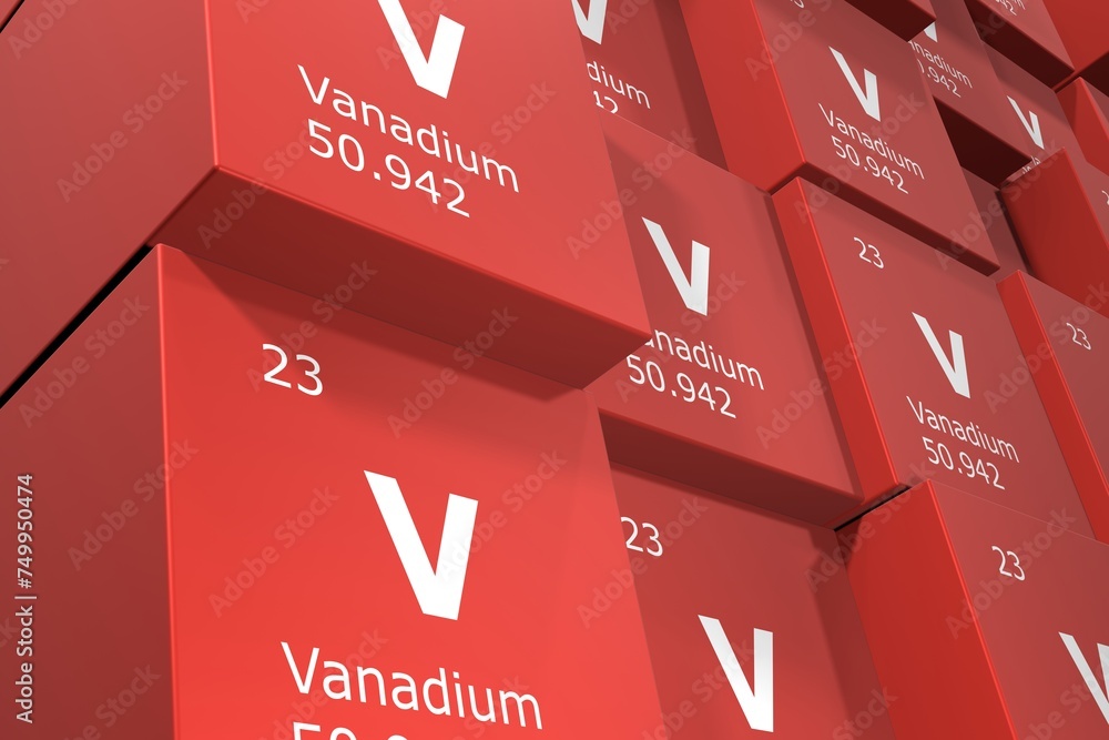 Vanadium, 3D rendering background of cubes of symbols of the elements ...