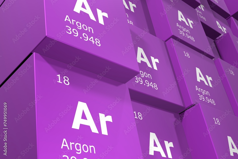 Argon, 3D rendering background of cubes of symbols of the elements of ...