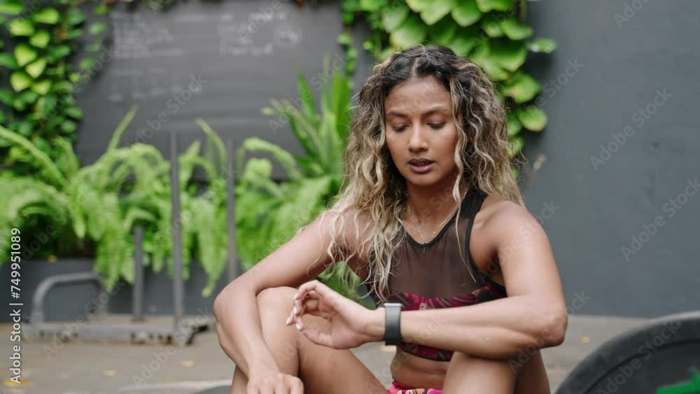 Vidéo Stock Fit Woman Pauses After Lifting Weights In Outdoor Gym