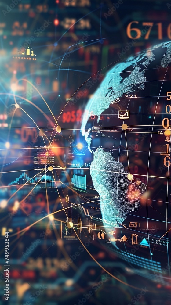 Dynamic scene with global financial markets in motion, with currency ...