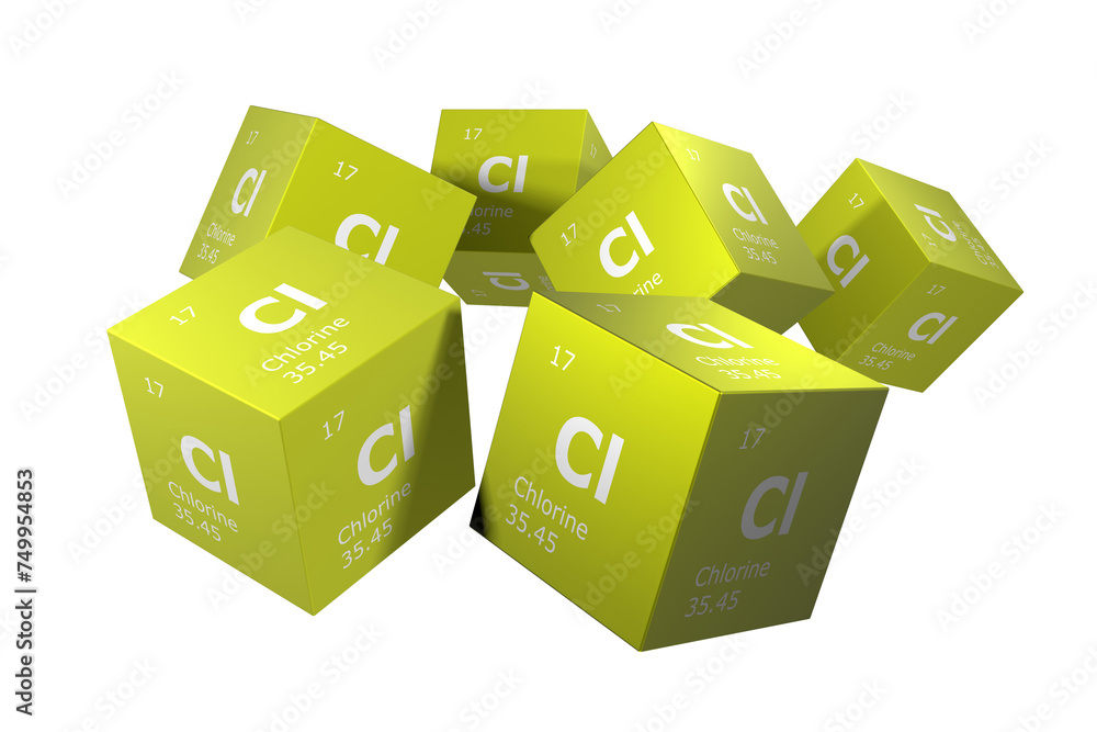 Chlorine, 3D rendering of symbols of the elements of the periodic table ...