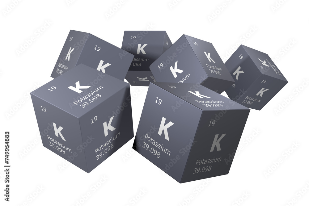 Potassium, 3D rendering of symbols of the elements of the periodic ...