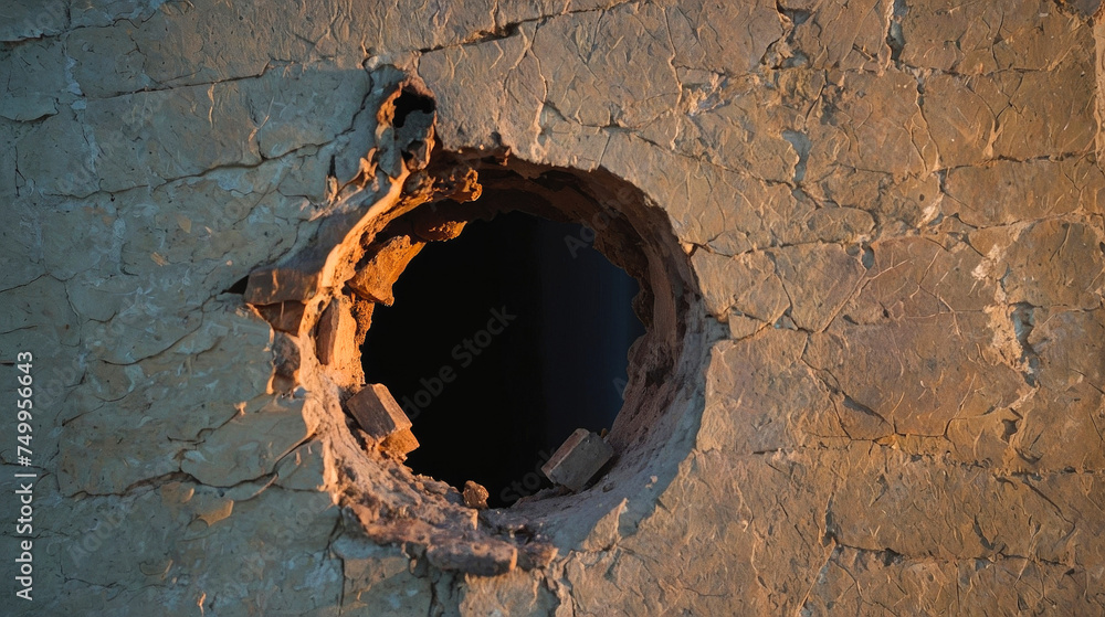 Hole in the wall from a bullet. Wall background and texture. Through ...