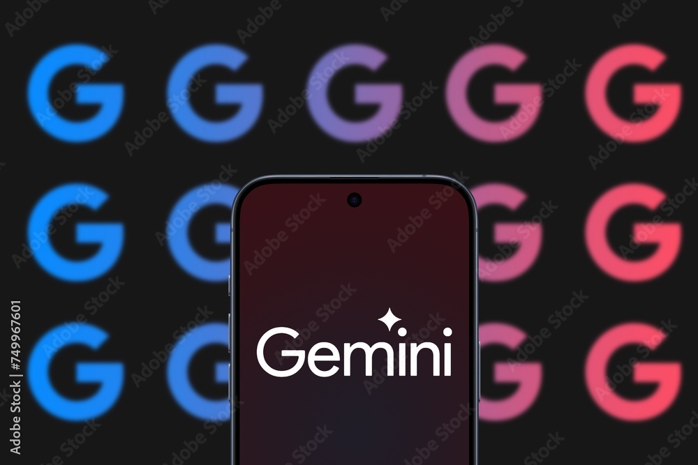 Gemini Logo is displayed on a modern smartphone, big Google Logos with ...