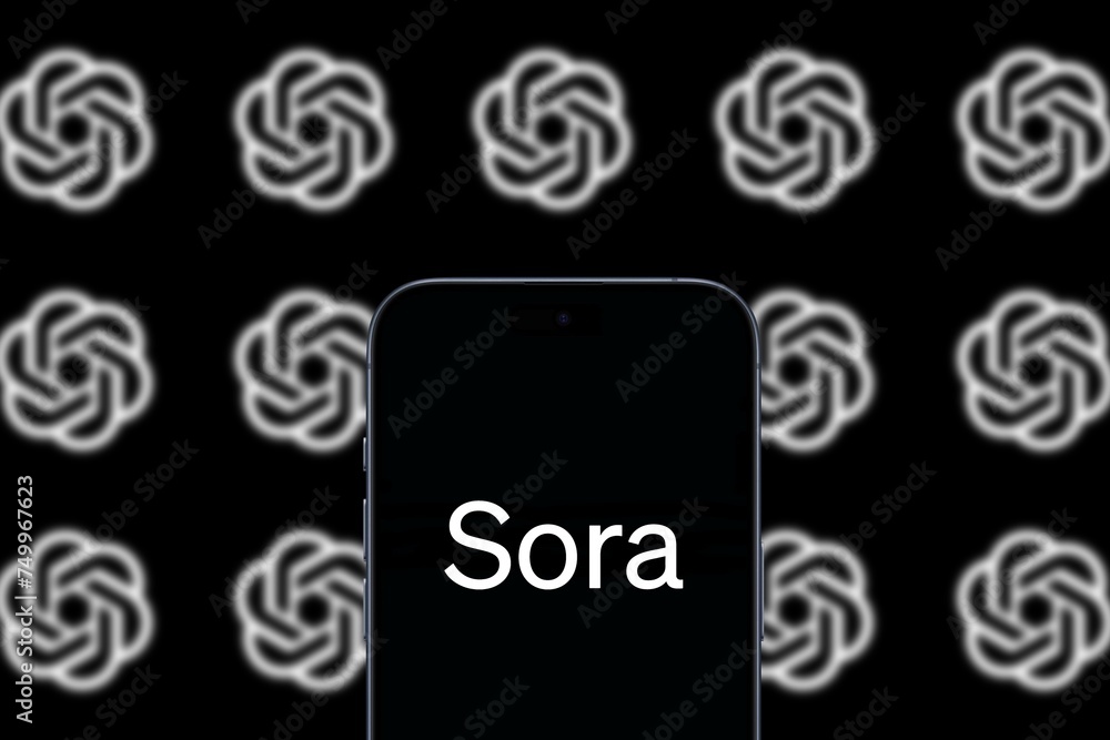 Sora Logo is displayed on a modern smartphone, black background with ...