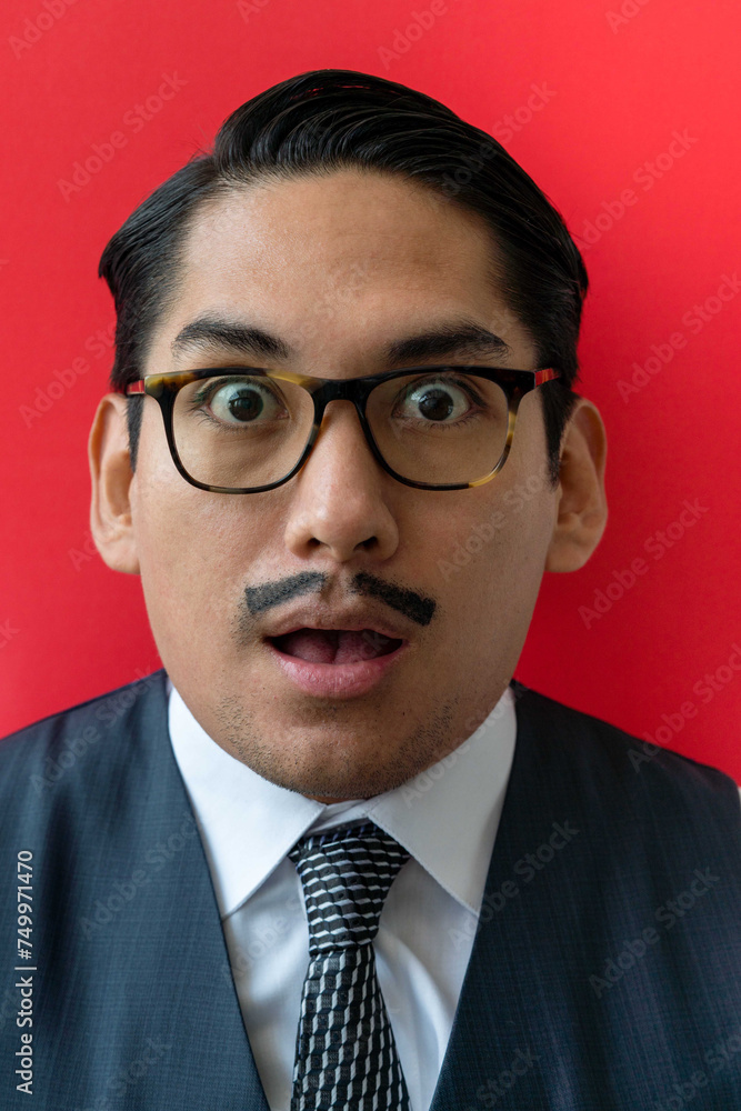 Eccentric Latin man wearing glasses looking surprised on the red ...