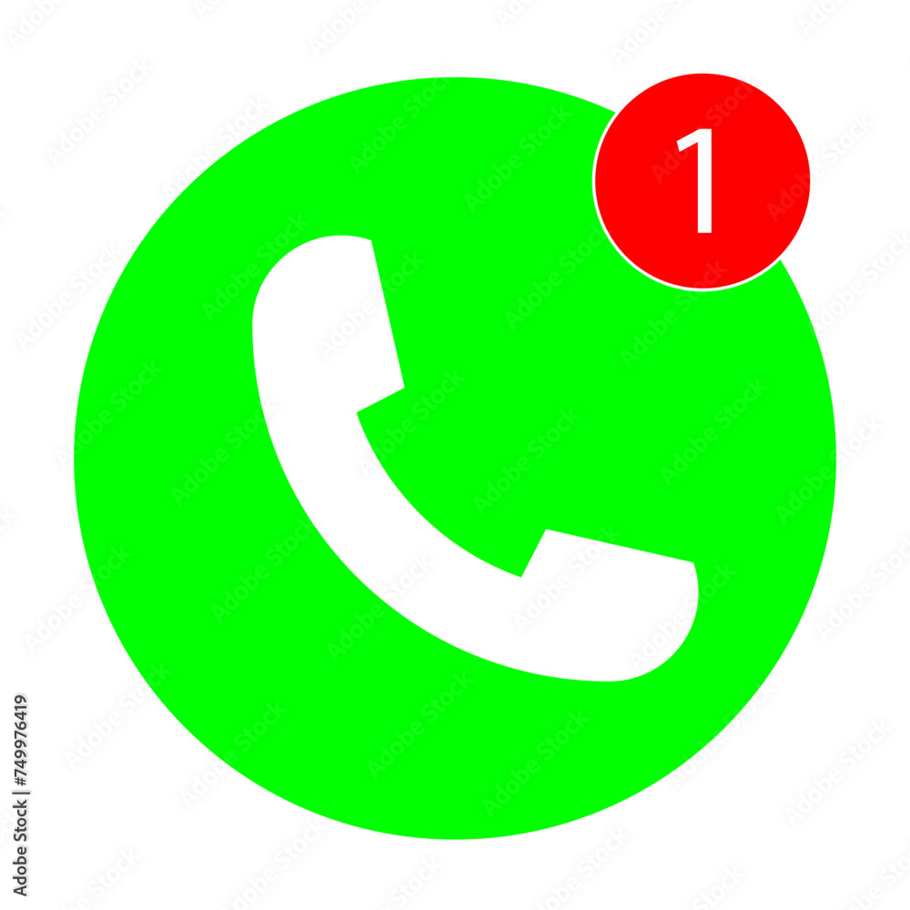 Phone vector icon with one missed call sign, white on green background ...