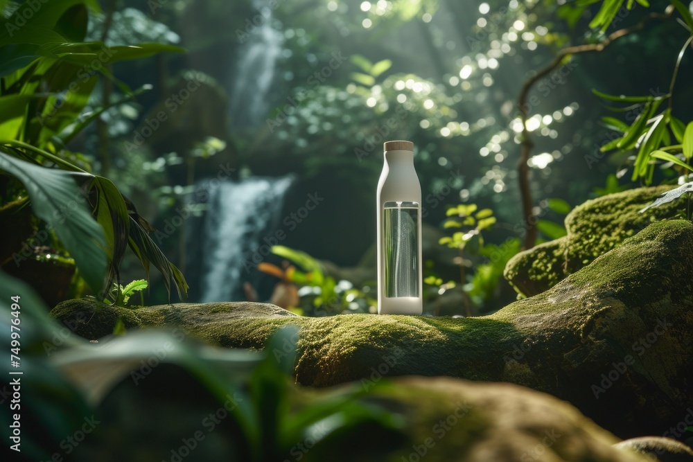 mockup matte white glass bottle for water stand in a tropical forest ...