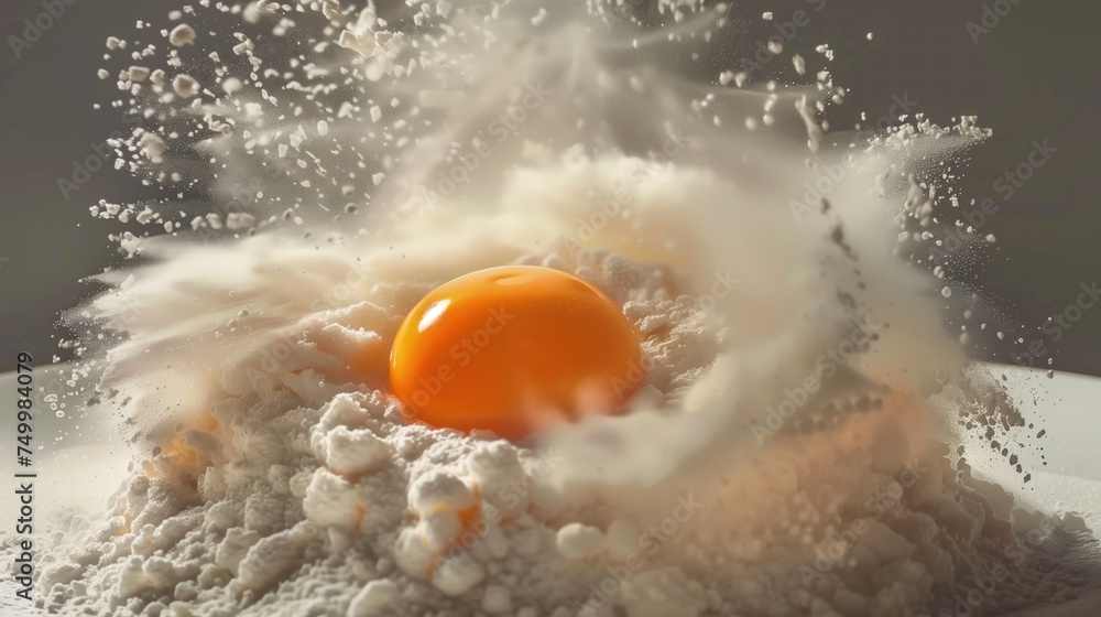 Top view. Egg yolk goes into the hole. Powerful explosion of white ...
