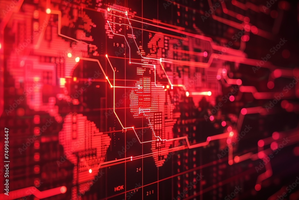 red map background blending technology on holographic screen modern ...